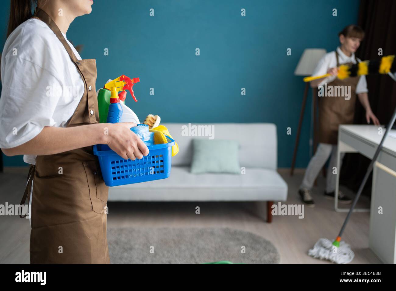 Female janitor holding basket of cleaning supplies in the living room ...