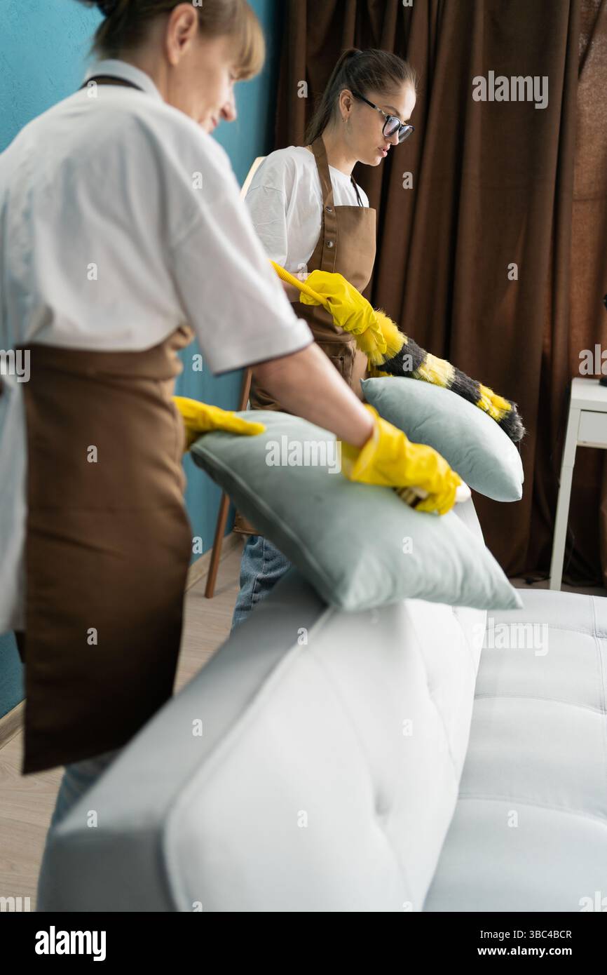 professional cleaning concept. Two women female team working in the ...