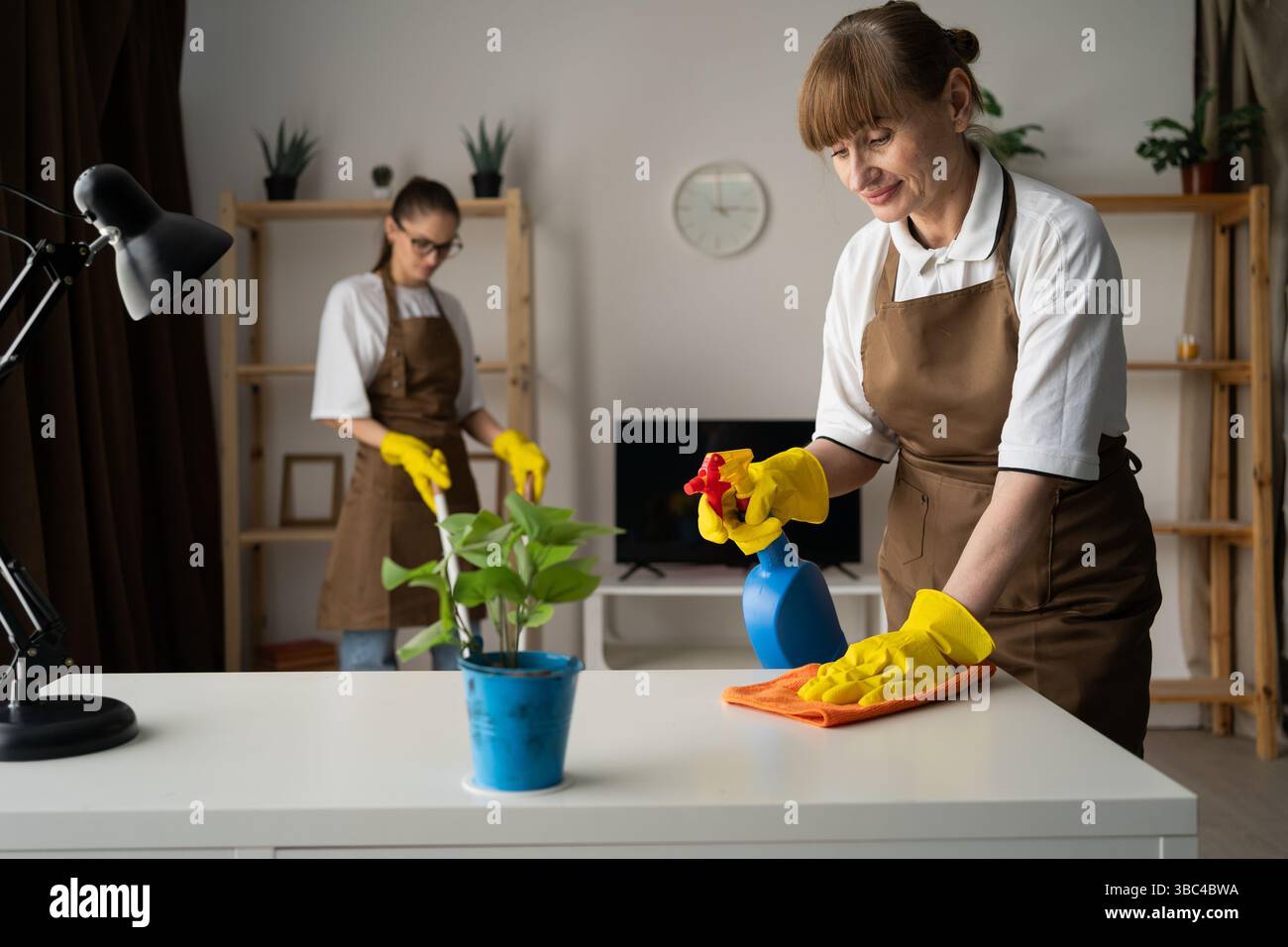 Two female janitors tidying up clients home wiping surfaces and ...