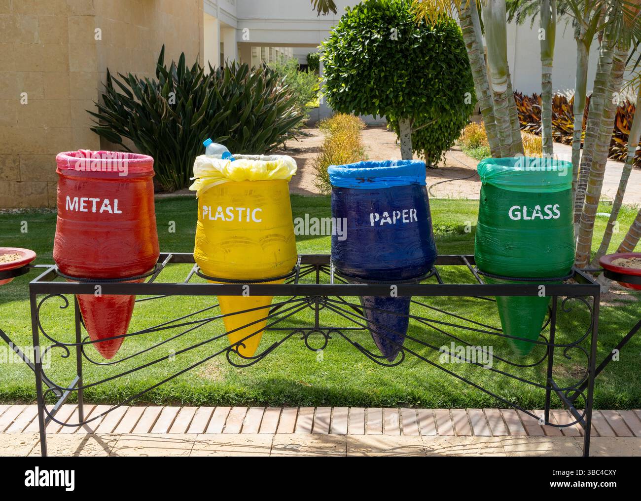 Color-coded recycle bins in Egypt hotel resort dedicated to separate ...