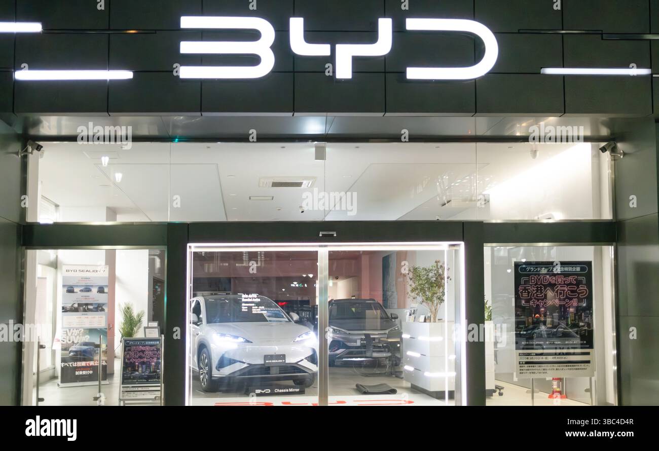 Sendai, Japan April 16 2025: the BYD Auto showroom is located in Sendai. Chinese motor company ...