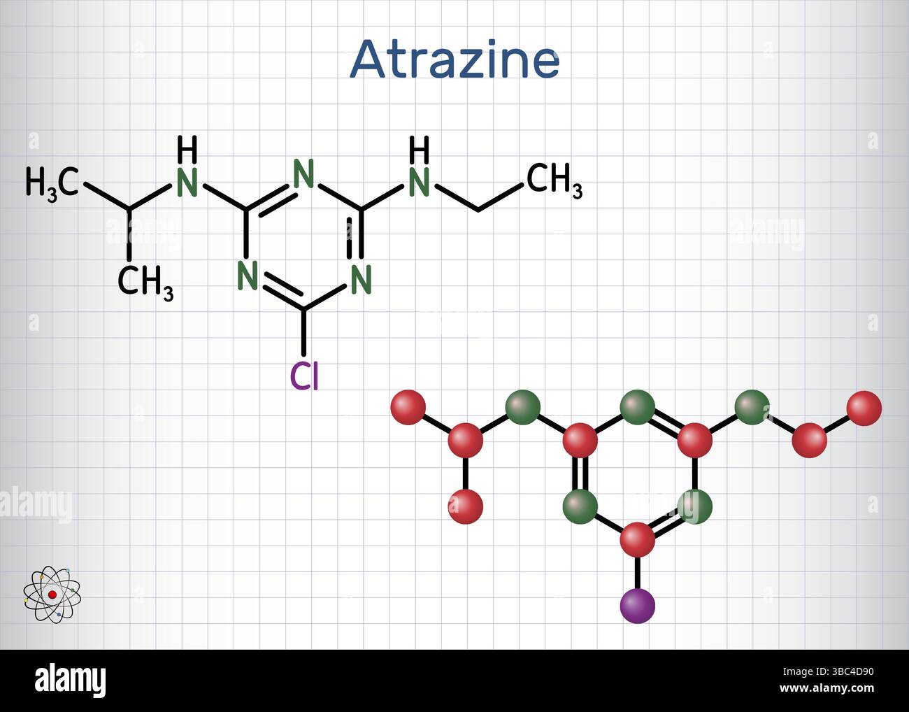 Atrazine molecule. Triazine herbicide used in agriculture for weed ...