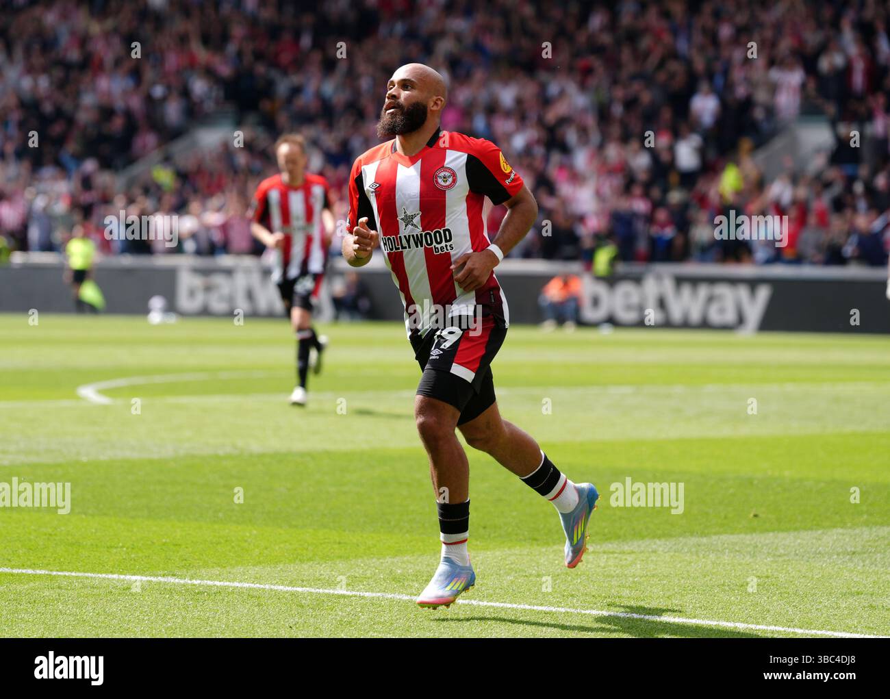 Brentford's Bryan Mbeumo celebrates scoring their side's first goal of ...