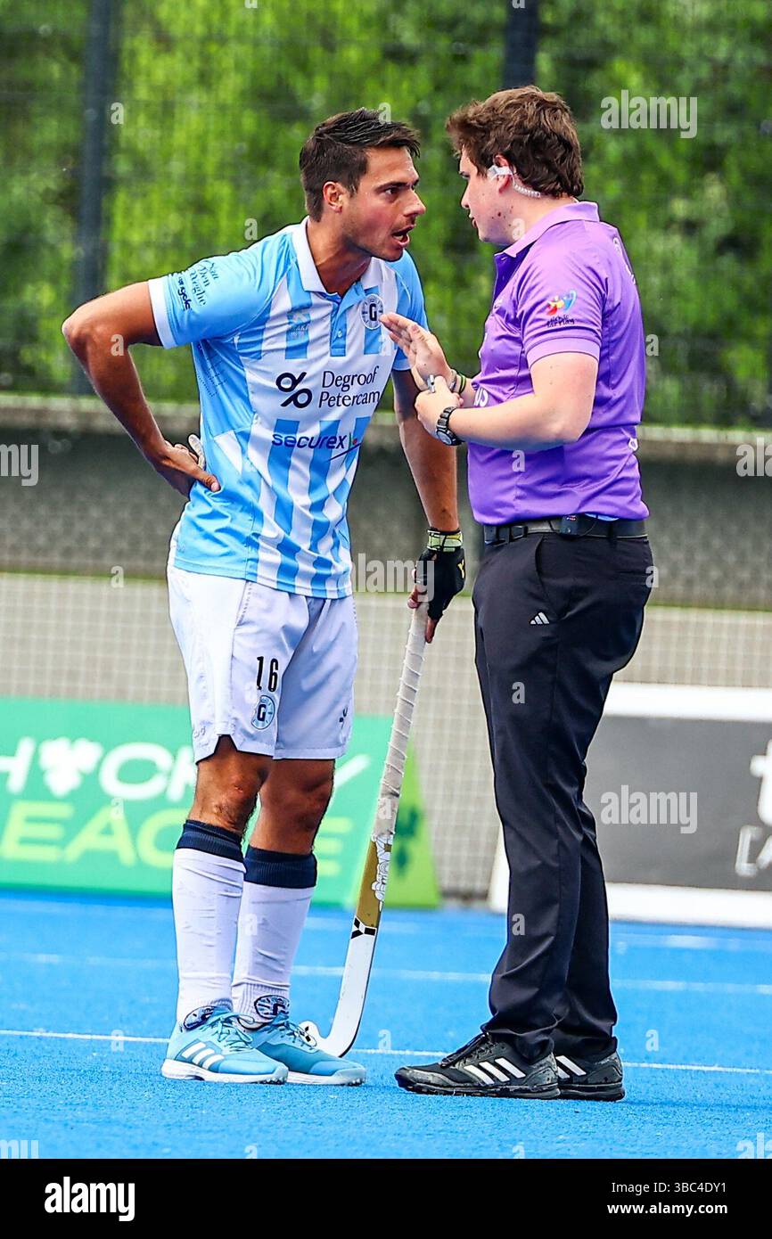 Gantoise's Alexander Hendrickx is discussing with the referee during a ...