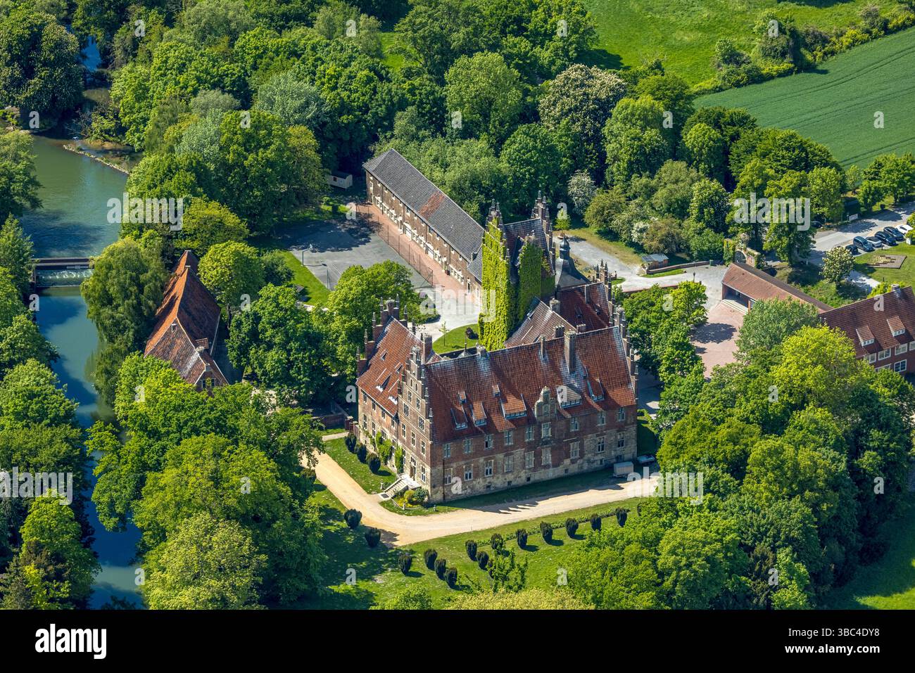 Luftbild, Störche und ihre Nester auf dem Dach Schloss Heessen, Storchenkot auf dem Dach ...