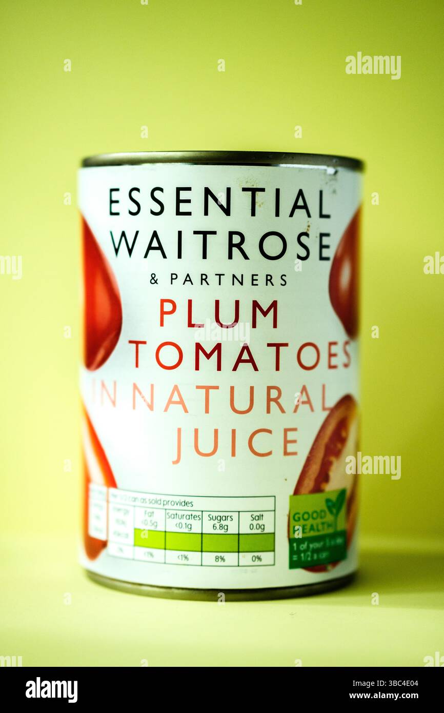 London UK, May 18 2025, Tin Of Essential Waitrose Plum Tomatoes In ...