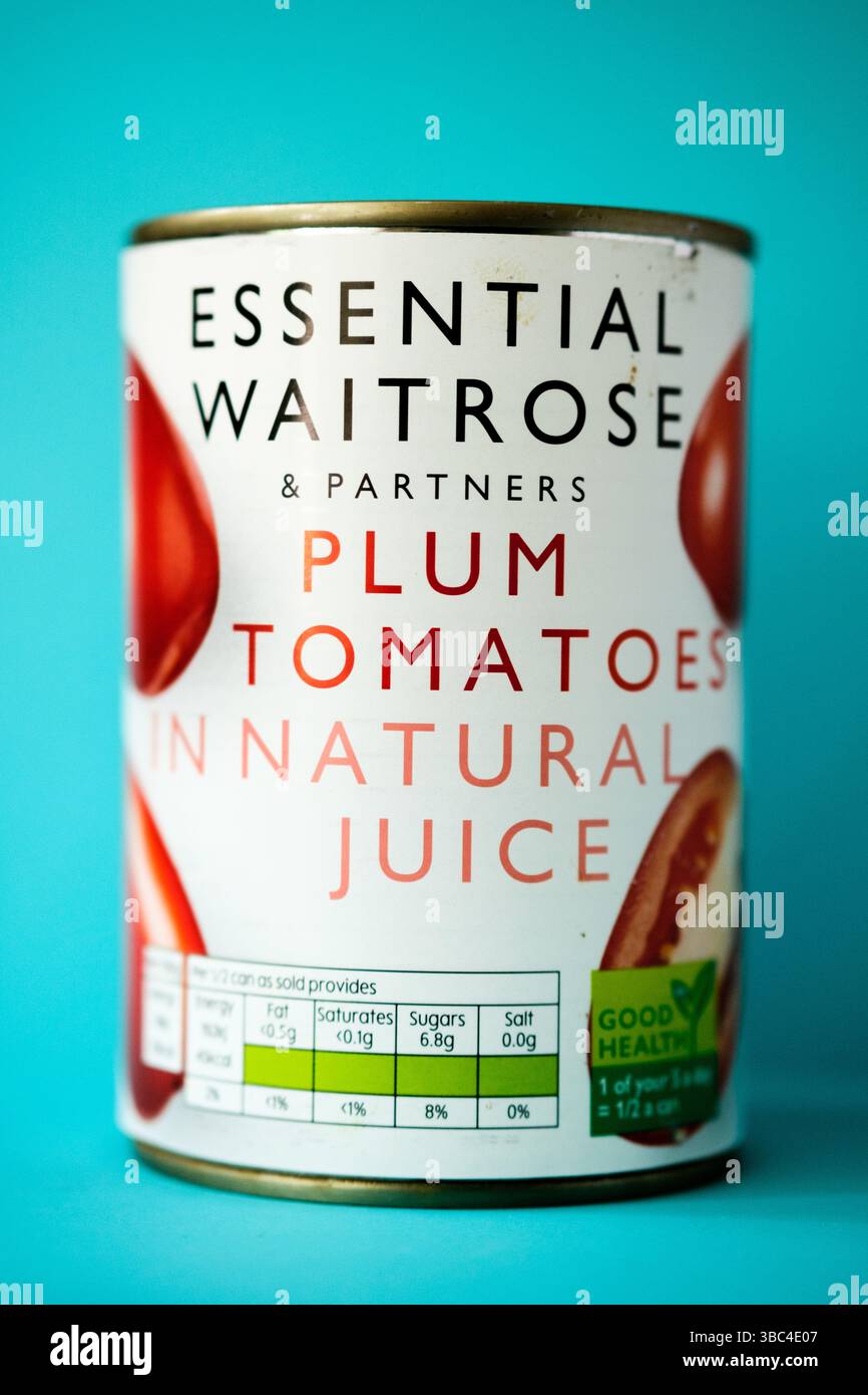 London UK, May 18 2025, Tin Of Essential Waitrose Plum Tomatoes In ...