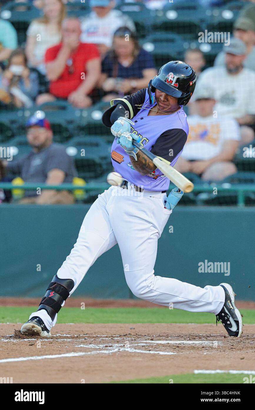 Hickory, NC: Hickory Crawdads designated hitter Jesus Lopez (14) hits ...