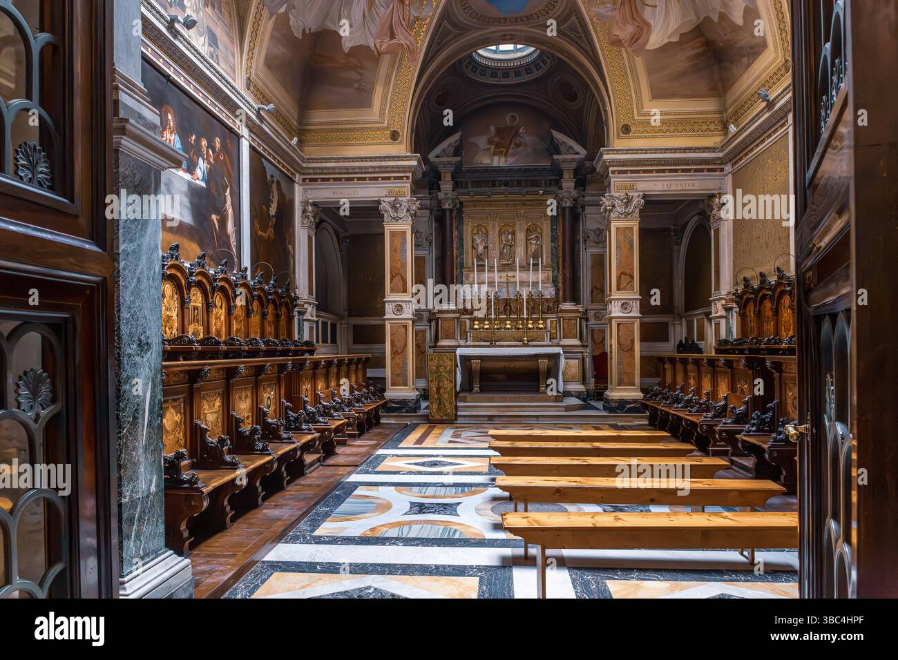 Ornate interior of Cathedral with pews and altar Stock Photo - Alamy