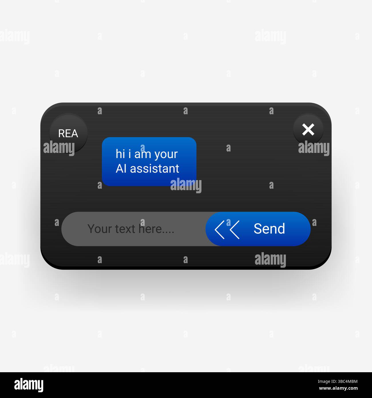 Minimalist chatbot UI concept in dark mode with a message from an AI assistant. Includes a sleek ...
