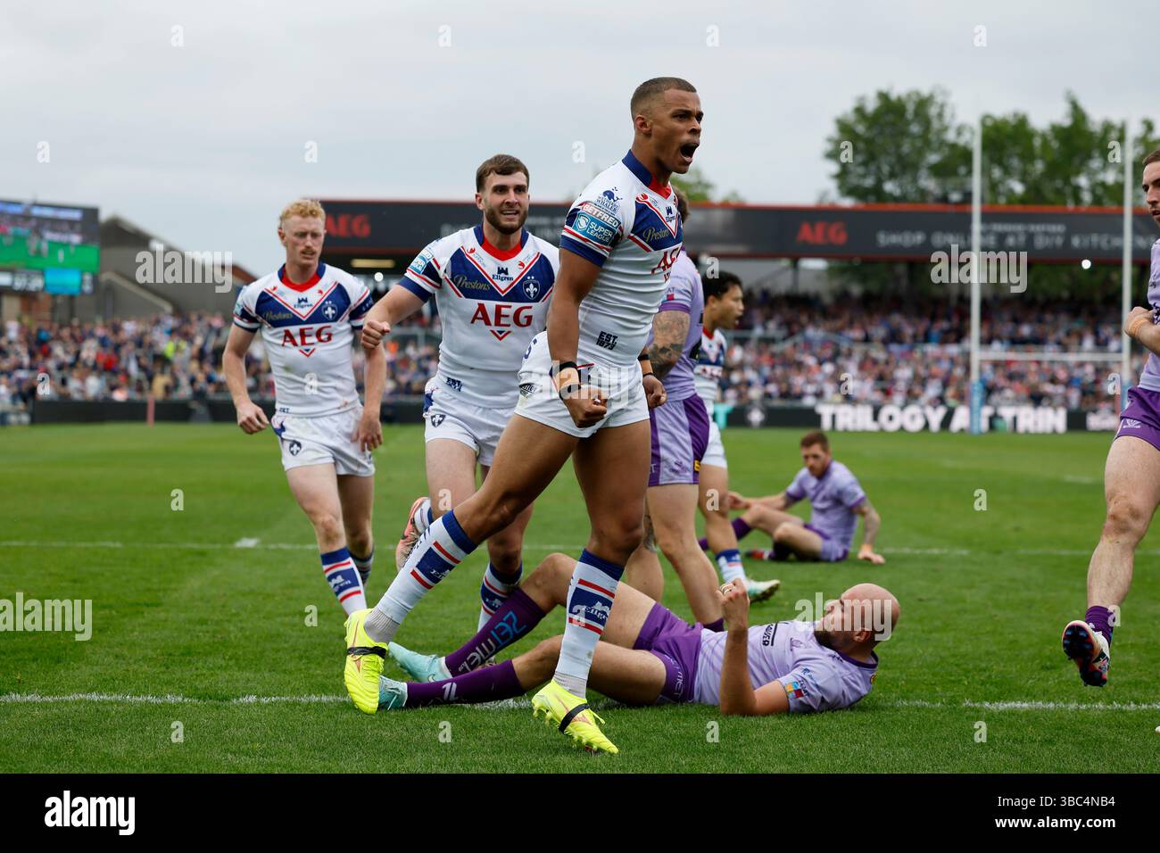 Wakefield Trinity's Corey Hall celebrates after he scores during the ...