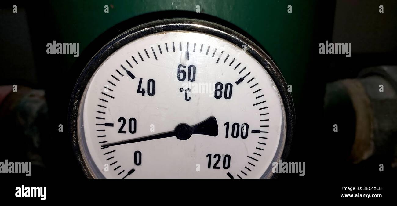 A temperature measurement instrument shows a dial indicating current ...