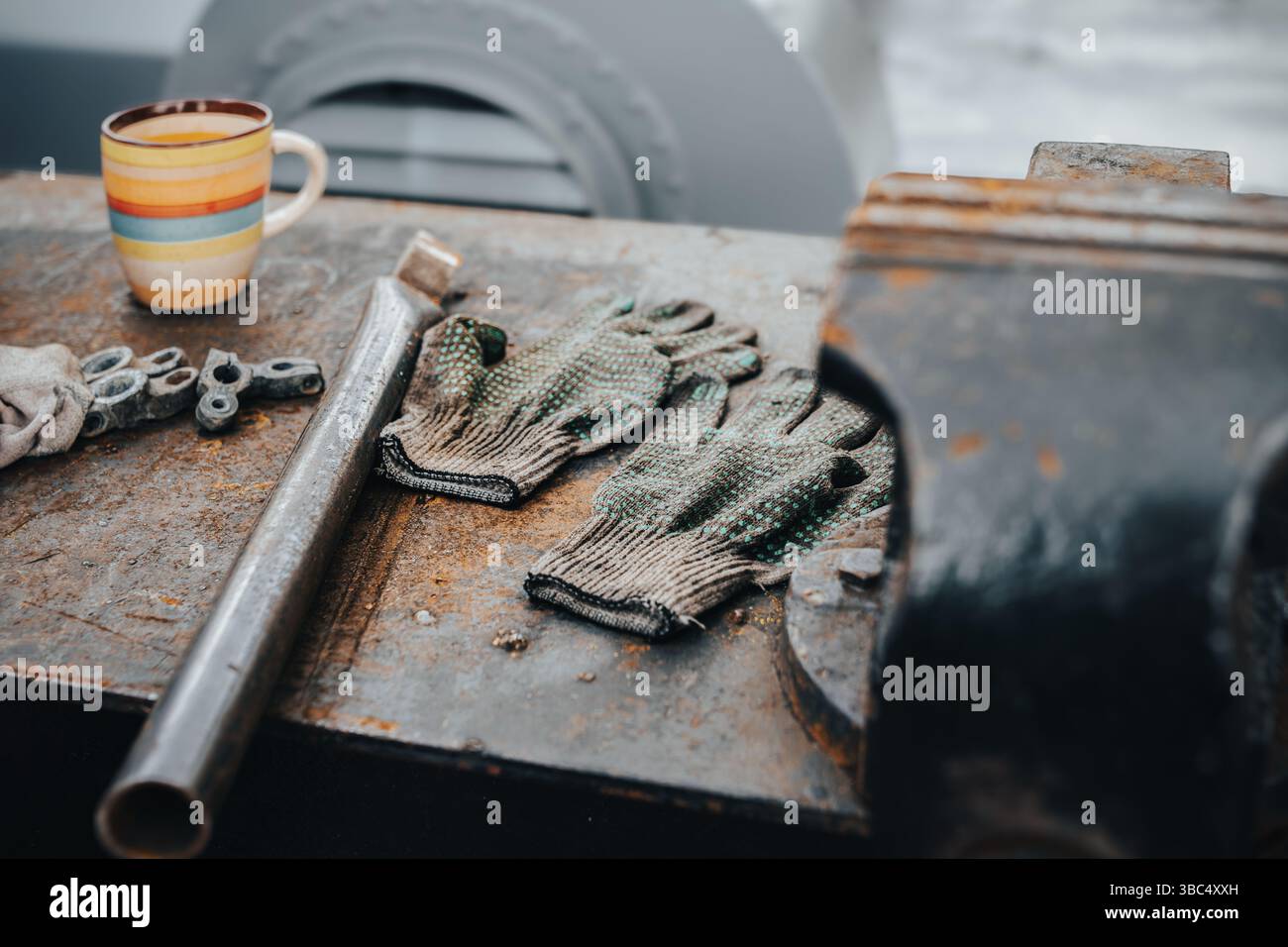 Industrial still life real life - greasy work gloves of a craftsman on ...