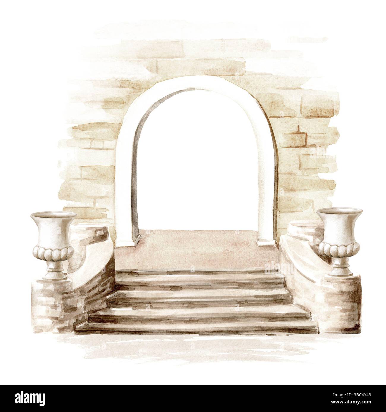 Architectural arch, patio. Hand drawn watercolor illustration isolated ...