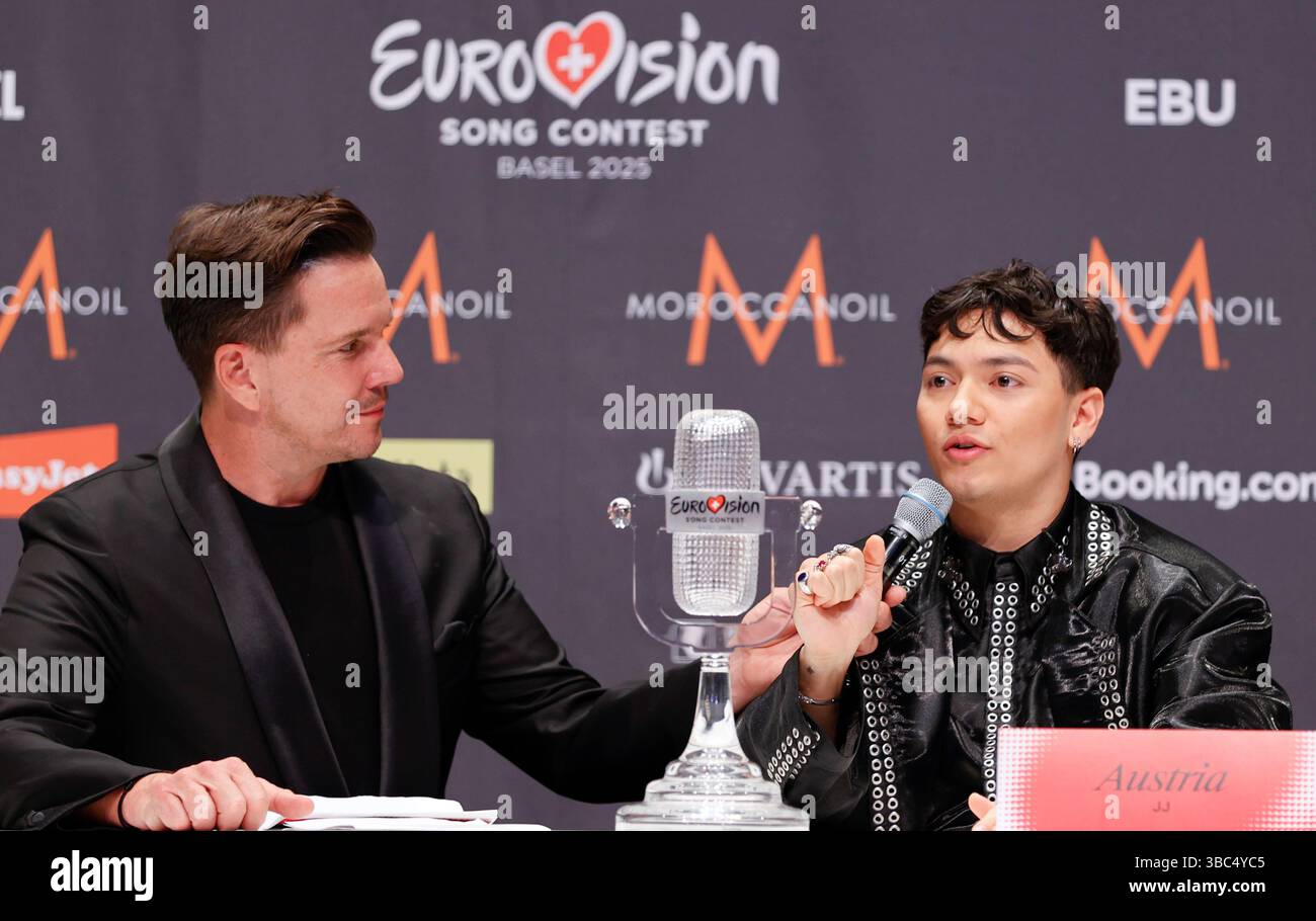 Basel, Switzerland - May 18, 2025: ESC 2025 - Press Conference - Austrian artist JJ Johannes ...