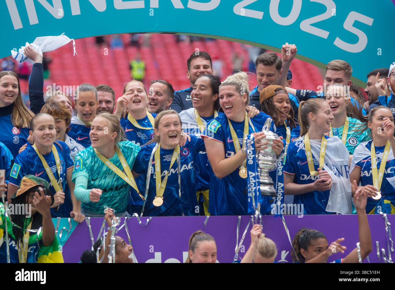 Wembley, UK. 18th May, 2025. Chelsea celebrate with Adobe Womens FA Cup ...