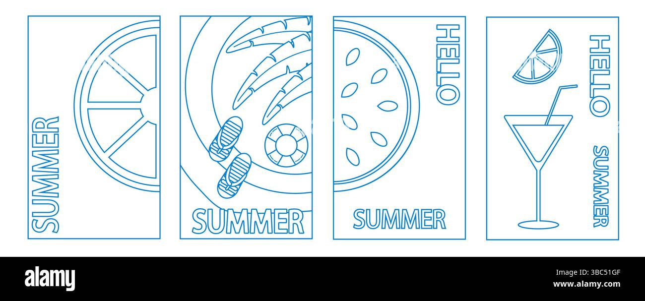 Summer. Set of vector summer backgrounds. Line drawing. Fruit beach ...