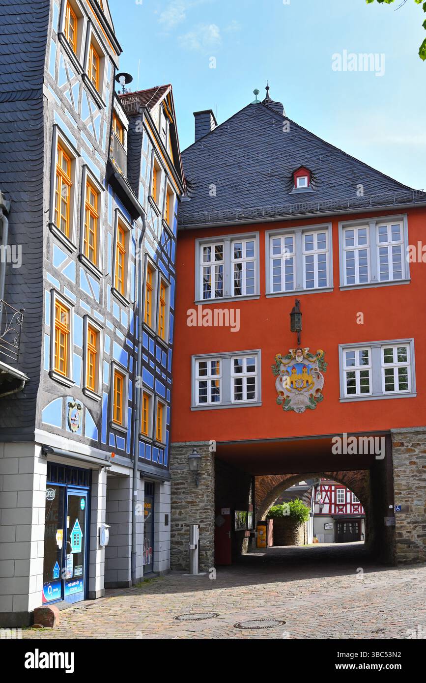 Half-timbered houses and city library in Idstein, Germany Stock Photo ...