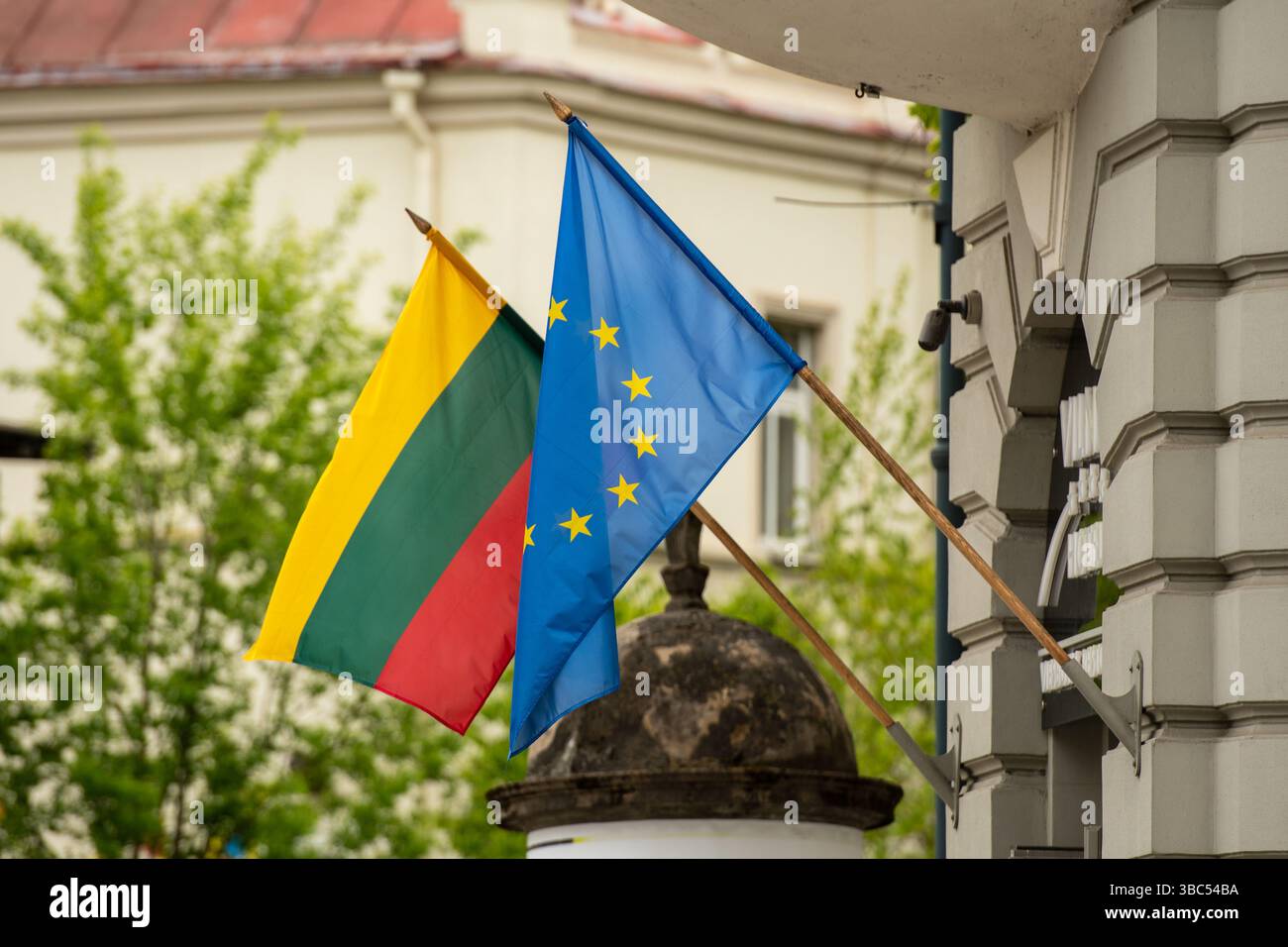 Flag of European Union and Lithuanian flag waving together in the ...