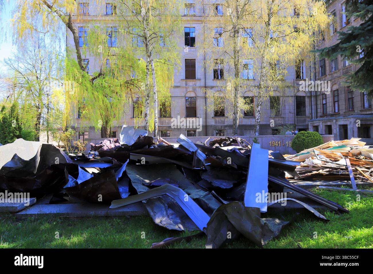 War in Ukraine. Broken windows in the destroyed building of the medical ...