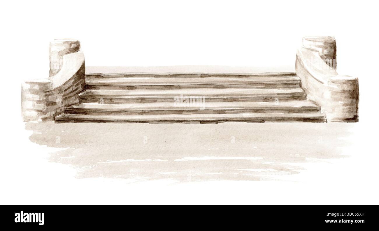 Stone staircase, stairs. Hand drawn watercolor illustration isolated on ...
