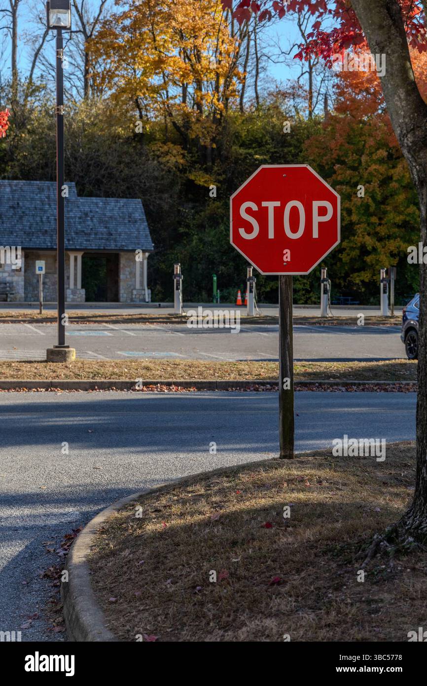 A stop sign is on a pole in front of a building. The sign is red and ...