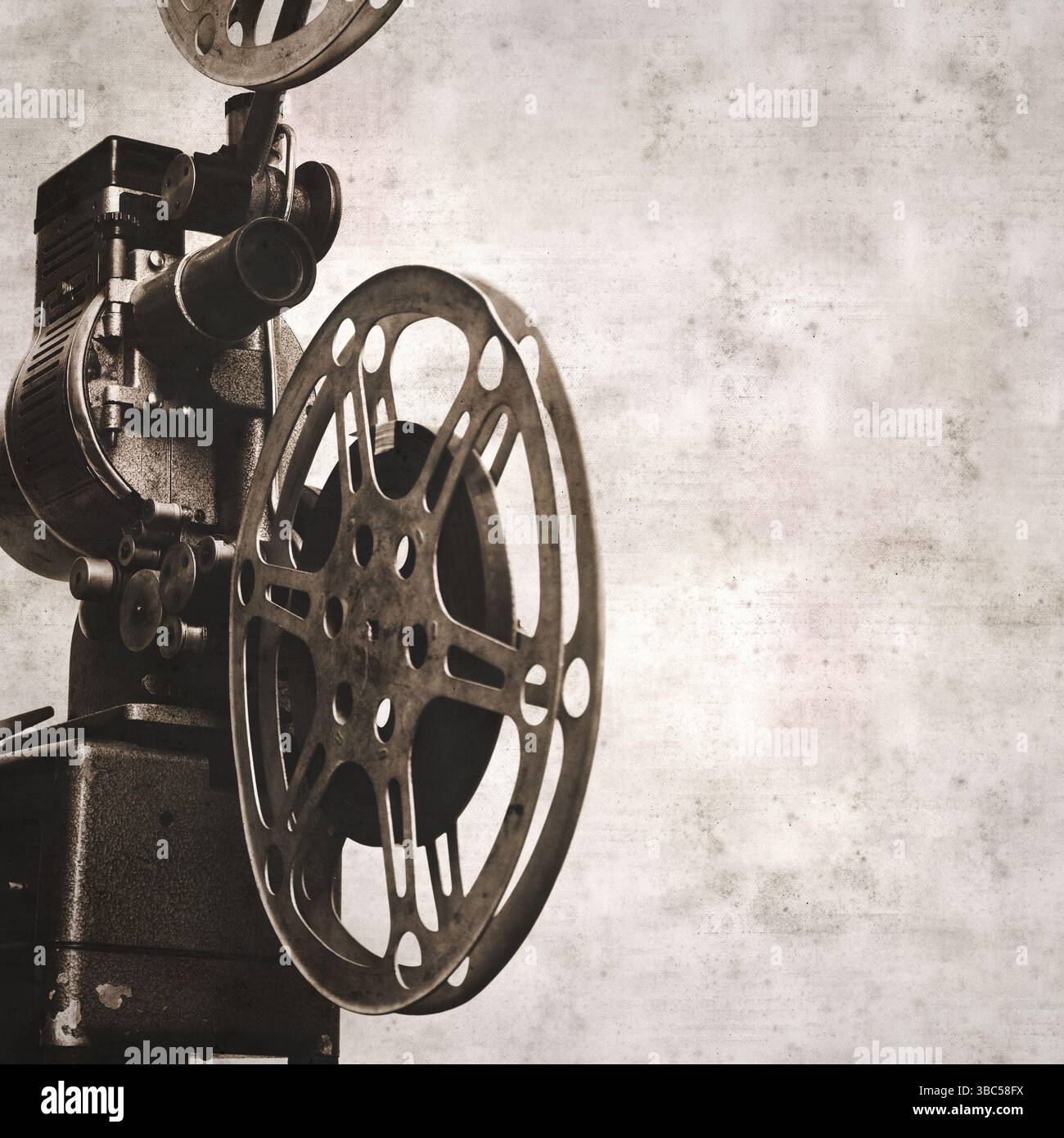 textured stylish old paper background, square, with old movie projector ...
