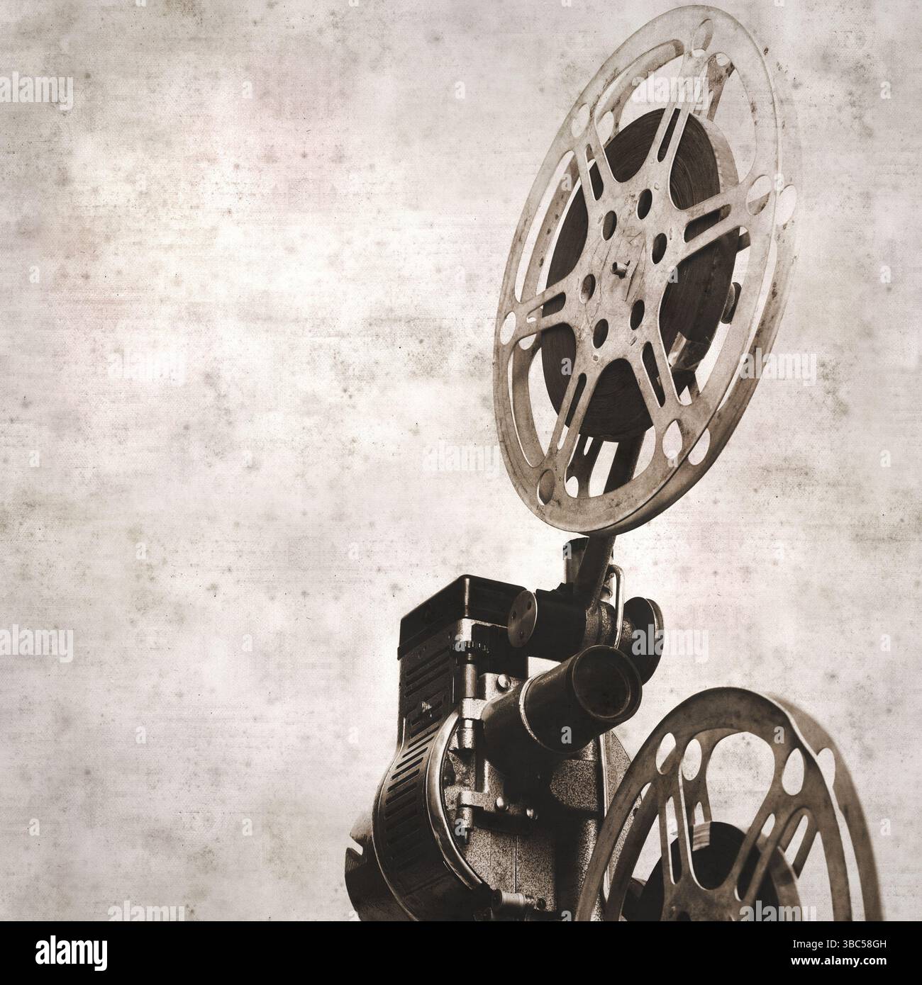 textured stylish old paper background, square, with old movie projector ...
