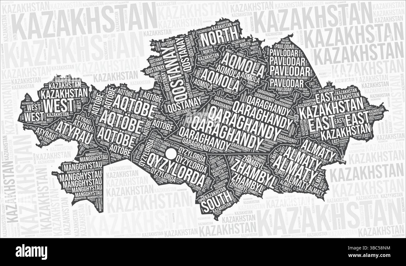 Kazakhstan regions map word cloud. Kazakhstan region names. Black and ...