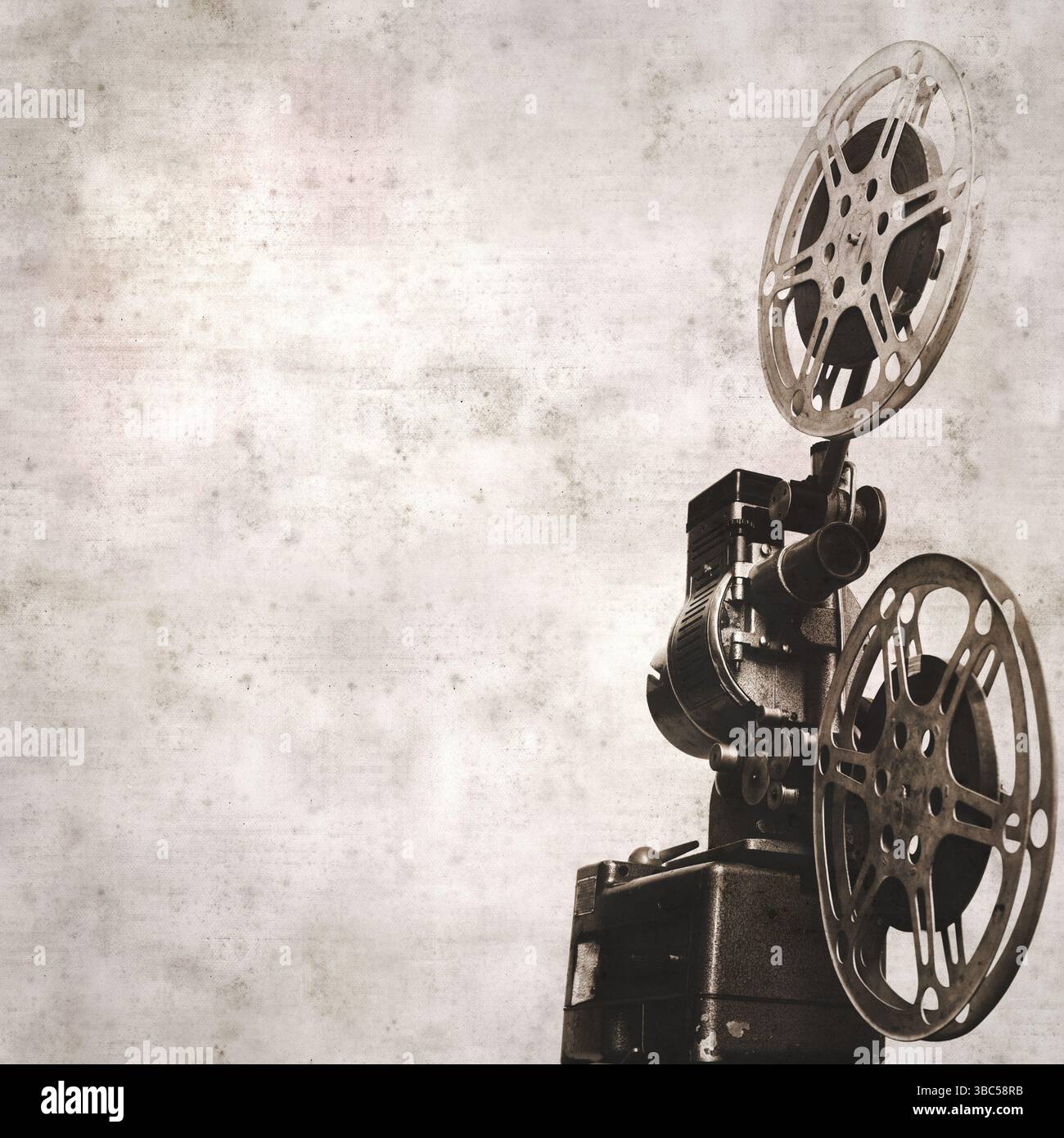 textured stylish old paper background, square, with old movie projector ...