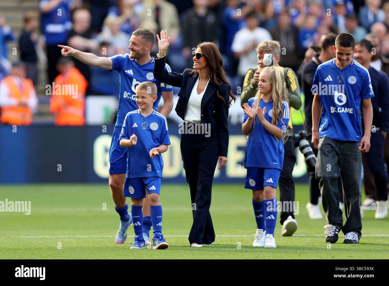 Leicester City's Jamie Vardy with his family on the pitch after the ...