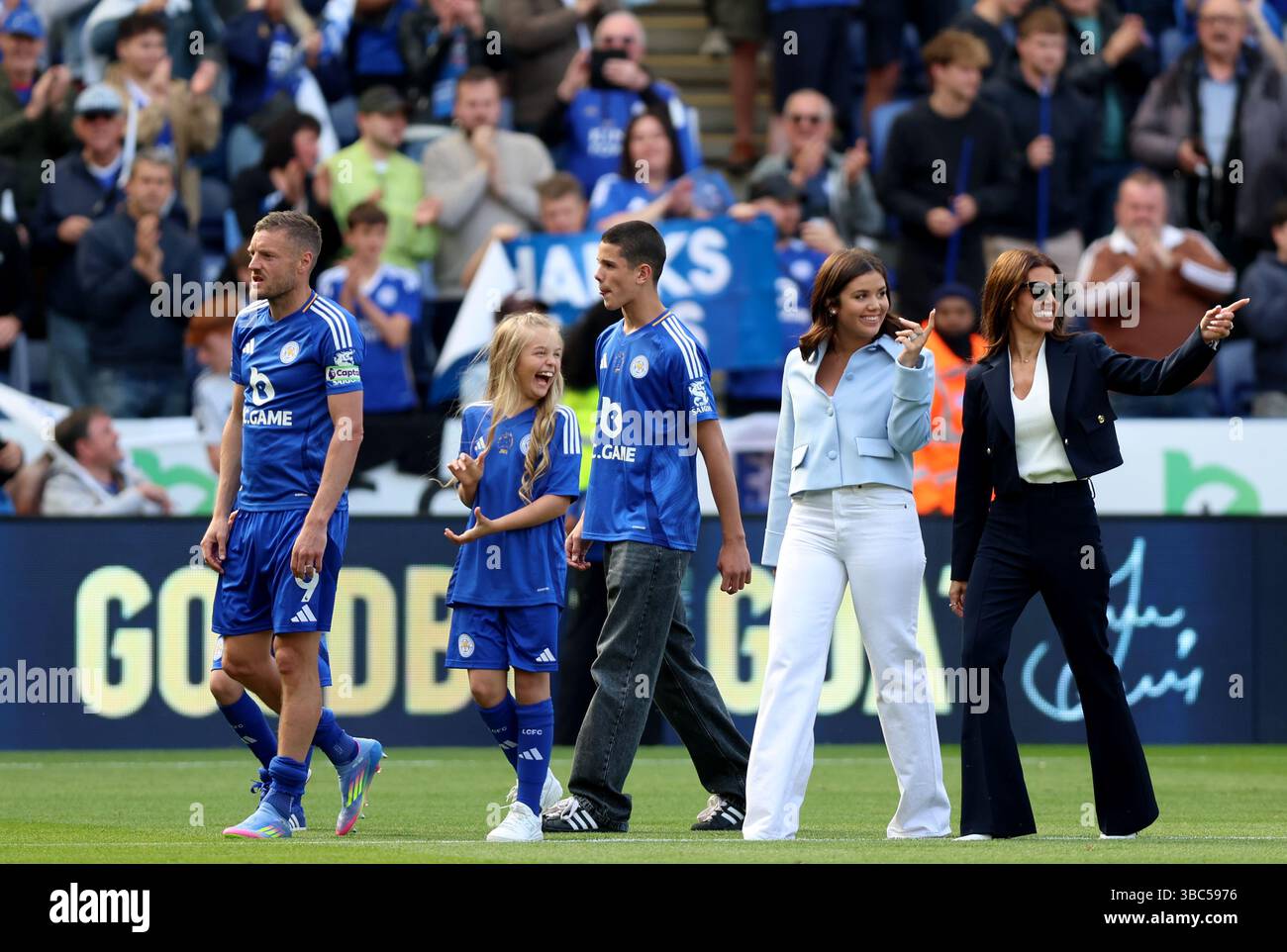 Leicester City's Jamie Vardy with his family on the pitch after the ...