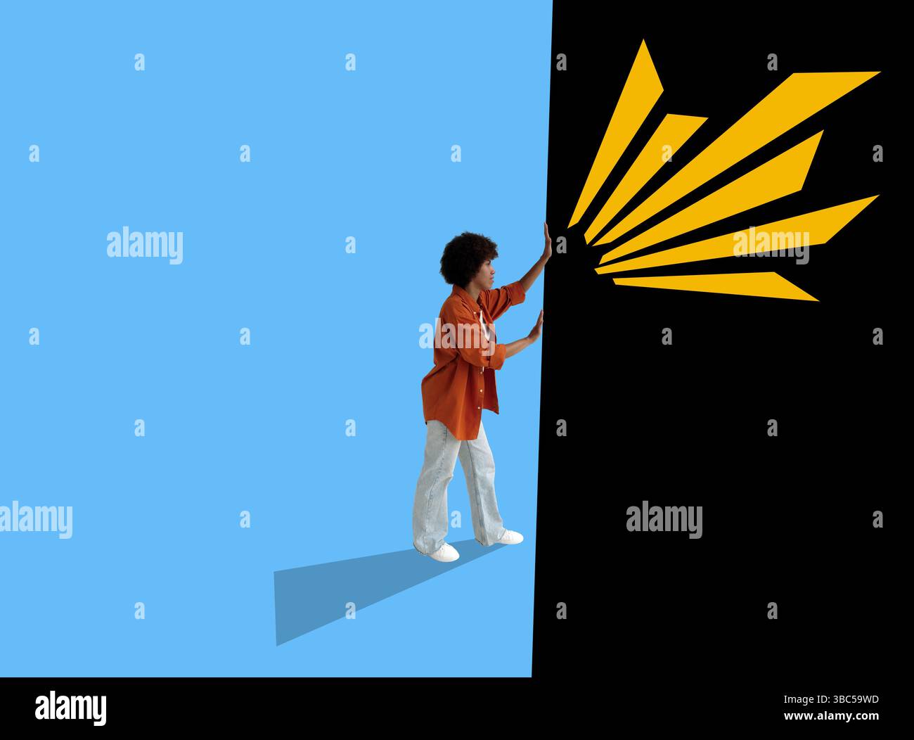 Woman pushing a black wall symbolizing resilience and overcoming mental ...