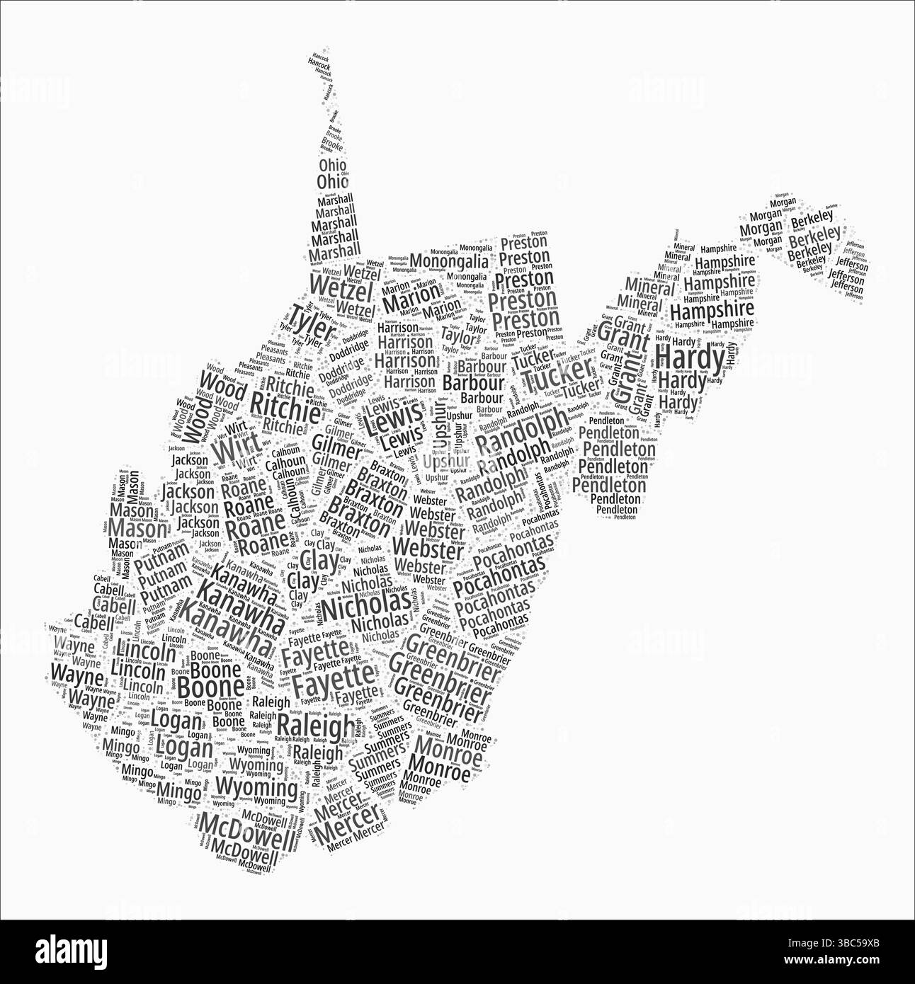 West Virginia Text Style Counties. State region names word clouds in ...