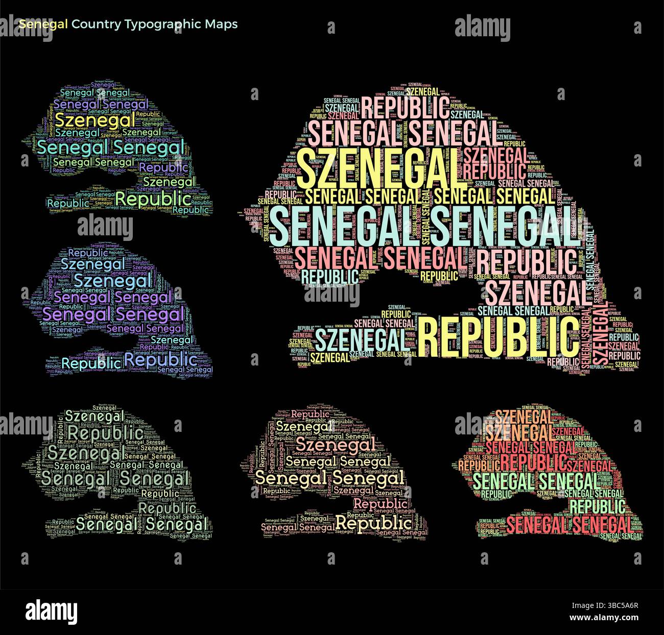 Senegal. Set of typography style country illustrations. Senegal map shape build of horizontal ...
