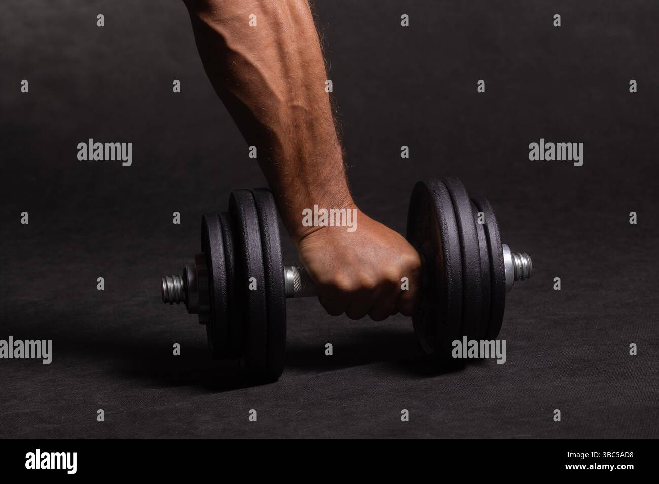 Strong male arm with muscles and veins holding a one-handed dumbbell ...