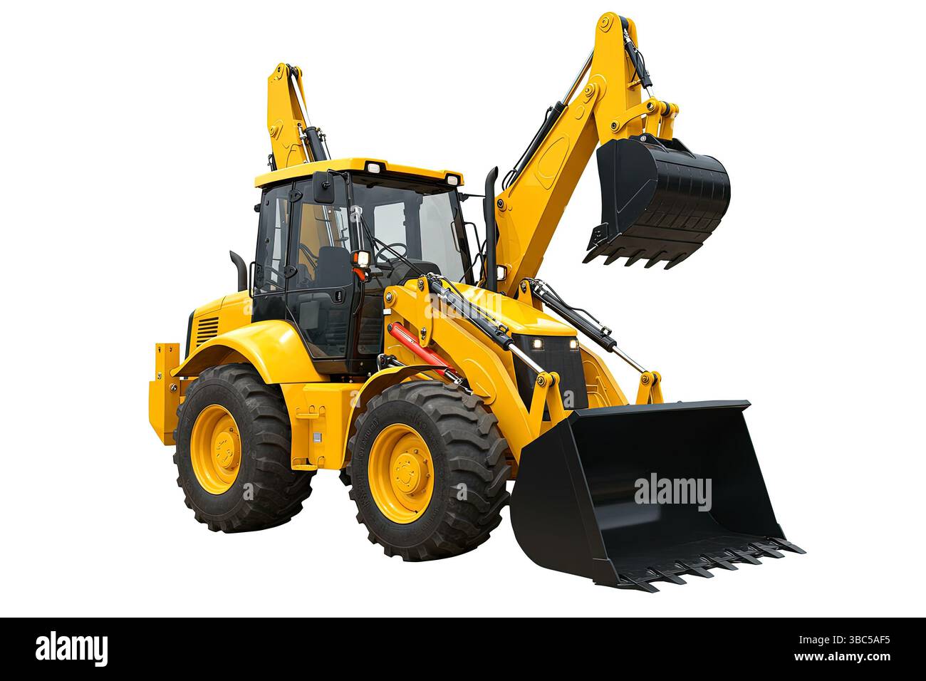 Yellow Backhoe Loader with Extended Arms on white background Stock ...
