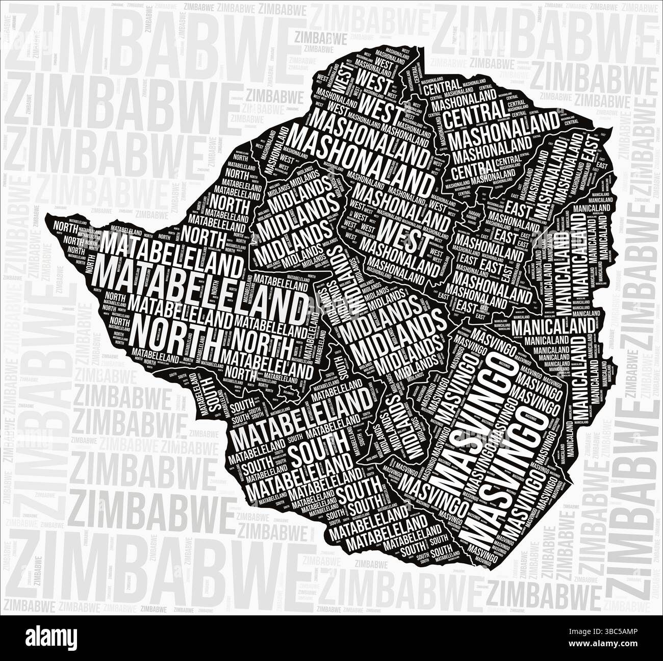 Zimbabwe regions map word cloud. Zimbabwe region names. Black and white ...