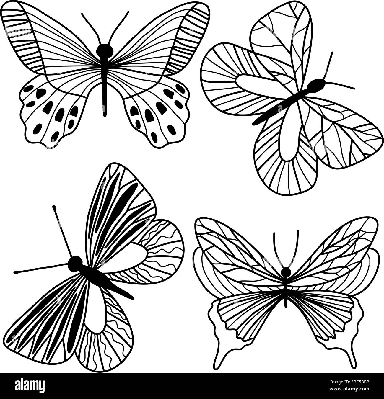 Elegant outline drawings of butterflies with intricate patterns ...