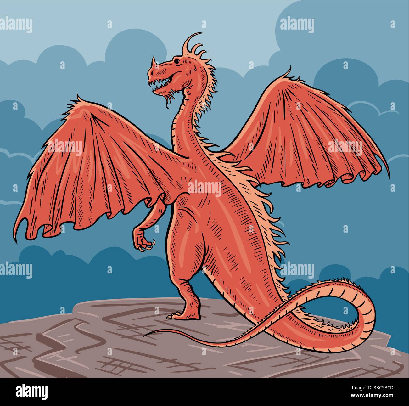 Red fairy tale dragon with wings on the top of the rock. Thick clouds ...