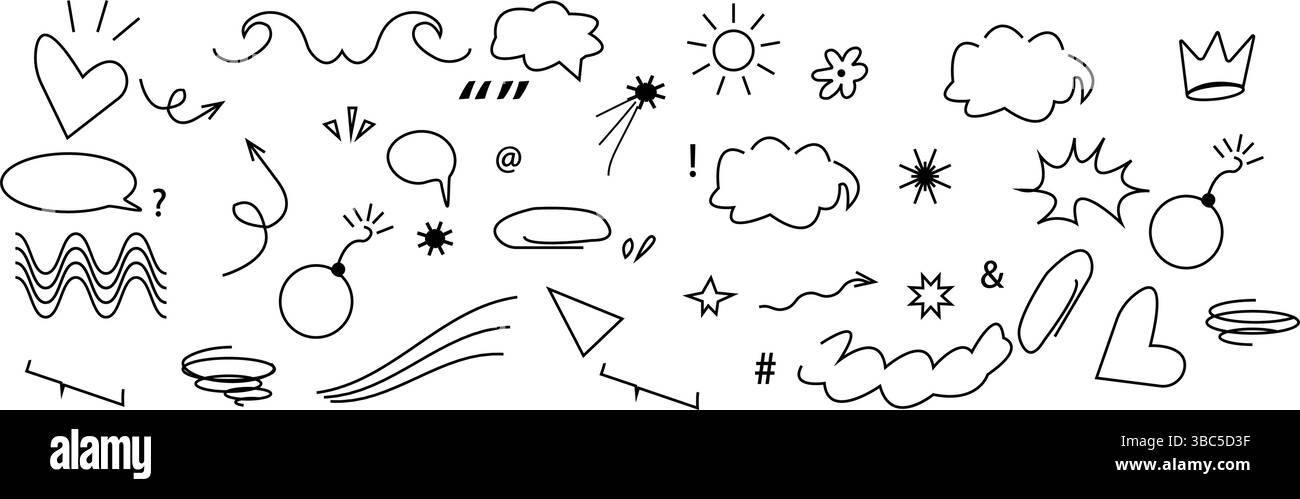 Charcoal pen liner doodle elements. Hand drawn doodle style collection ...