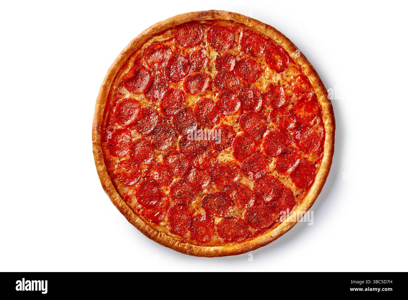 Top view of a whole pepperoni pizza showing its cheesy and spicy ...