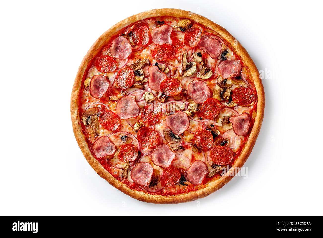 Delicious pizza with pepperoni, ham, mushrooms, and onions on white ...