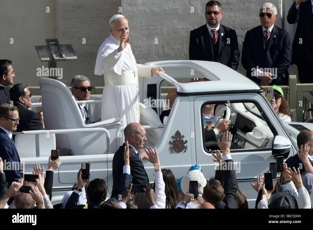 Vatican City, Italy. 18th May, 2025. Pope Leo XIV rides the popemobile ...