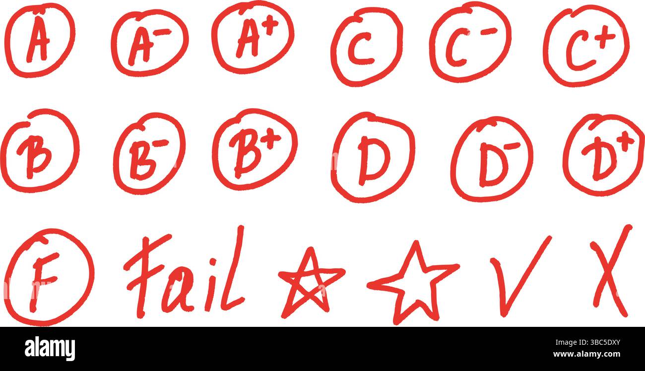 Exam letters grade marks doodle style set. School test results hand ...