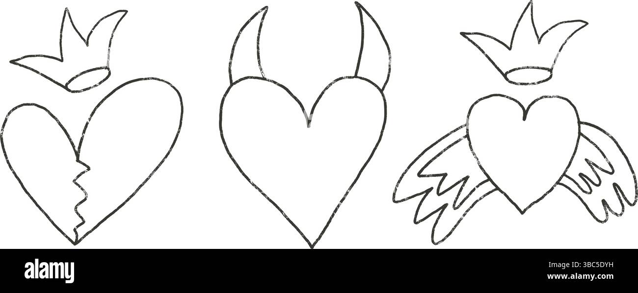 Hearts shapes hand drawn set. Punk charcoal breaking heart doodle ...