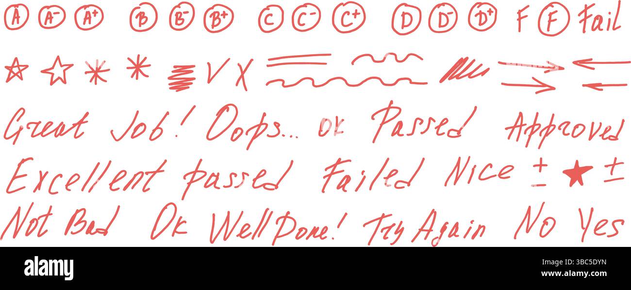 Exam letters grade marks doodle style set. School test results hand ...