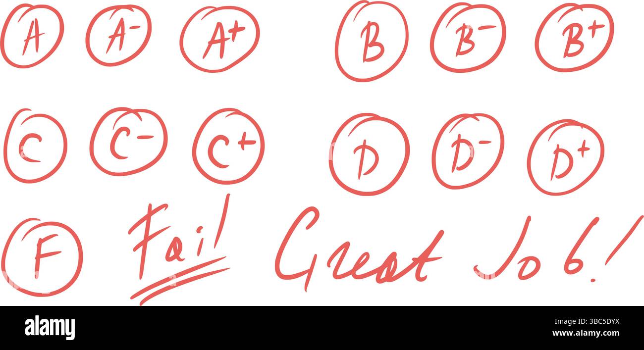 Exam letters grade marks doodle style set. School test results hand ...