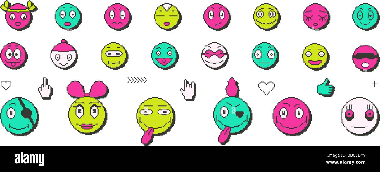 Pixel art game faces with smiles. 8 bit retro characters elements ...