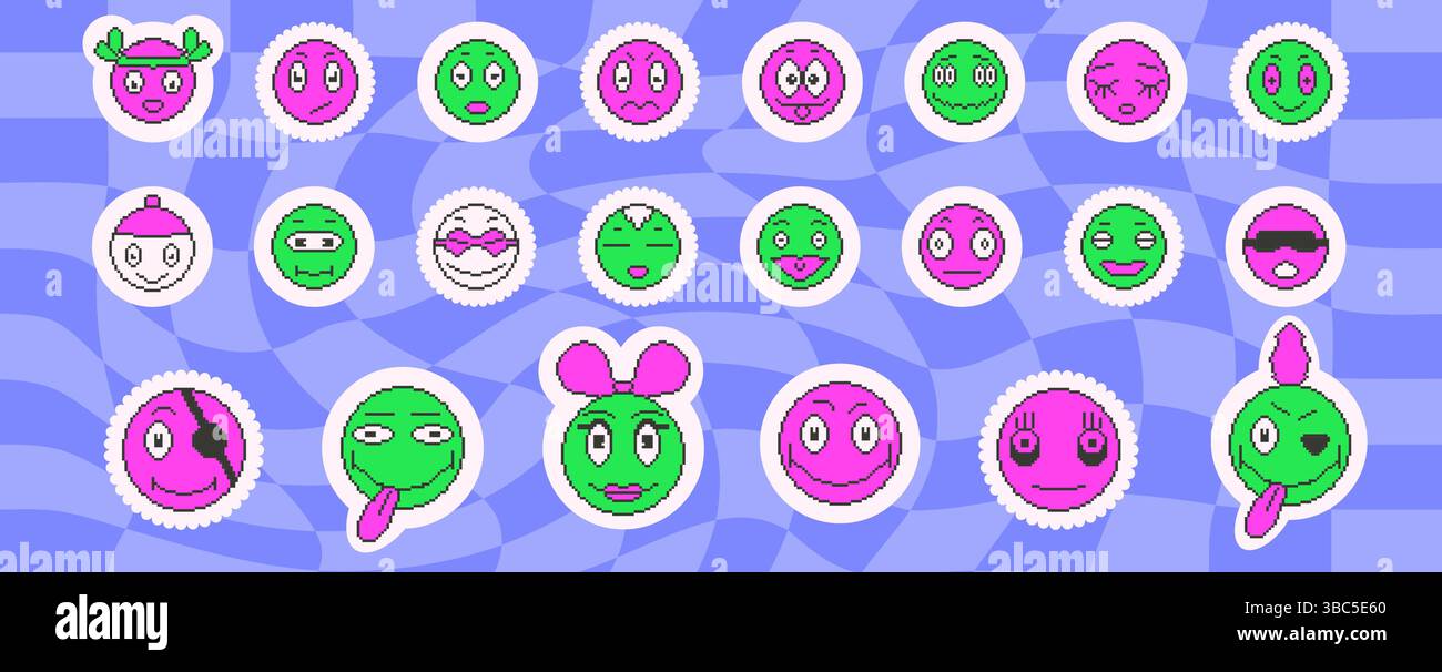 Pixel art game faces with smiles. 8 bit retro characters elements ...